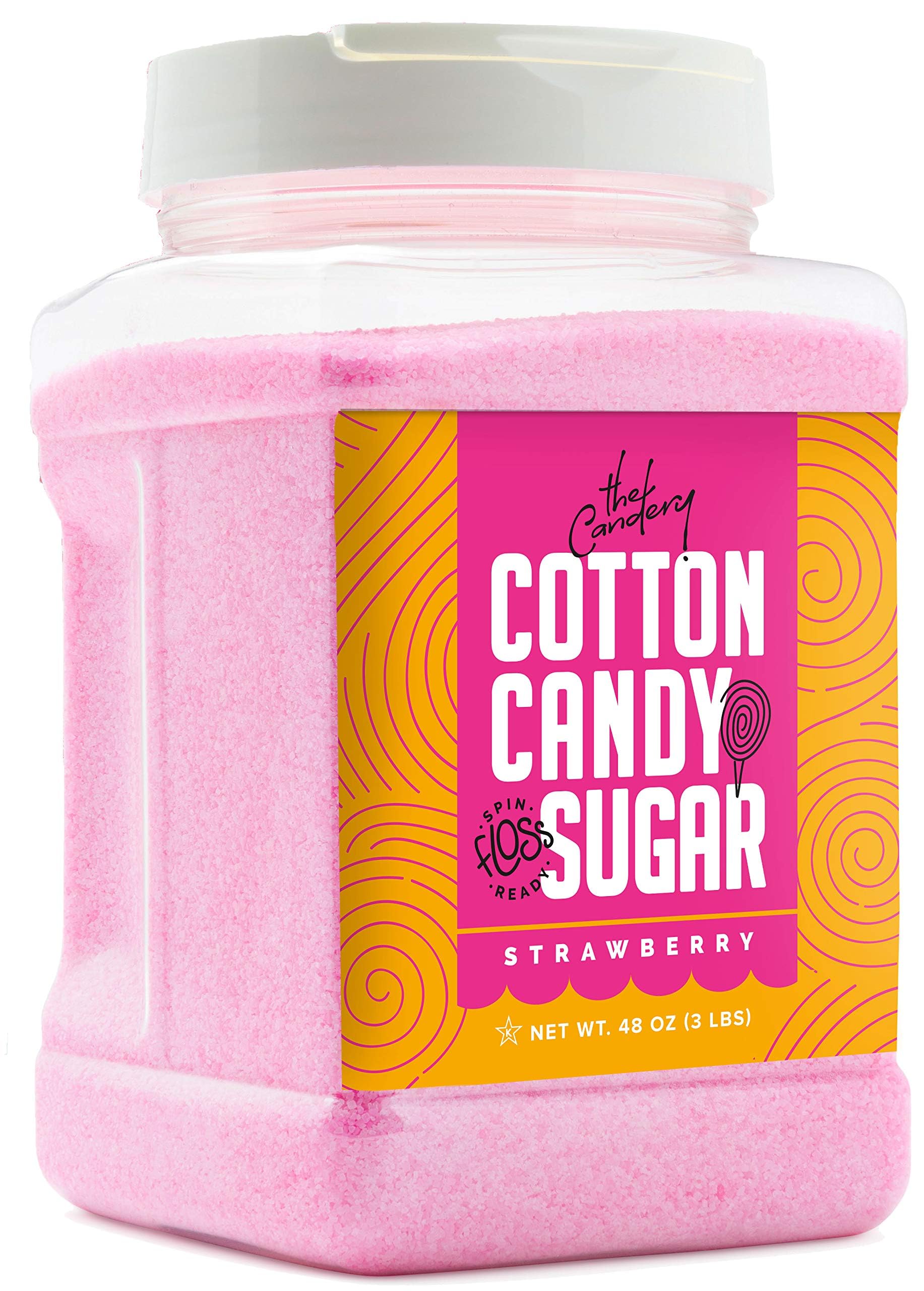 The Candery Cotton Candy Floss Sugar Strawberry Flavor- Reusable Plastic Jars - Easy Pour and Scoop Spout - 48oz 3LB (strawberry)