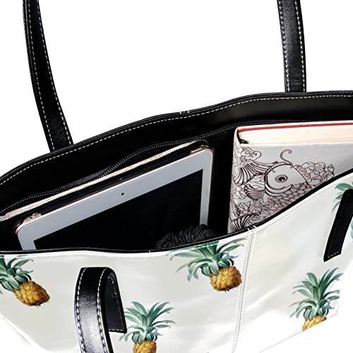 Women Tote Shoulder Bag, Seamless Pineapple Pattern Leather Work Handbag with Zipper for Teens College Students