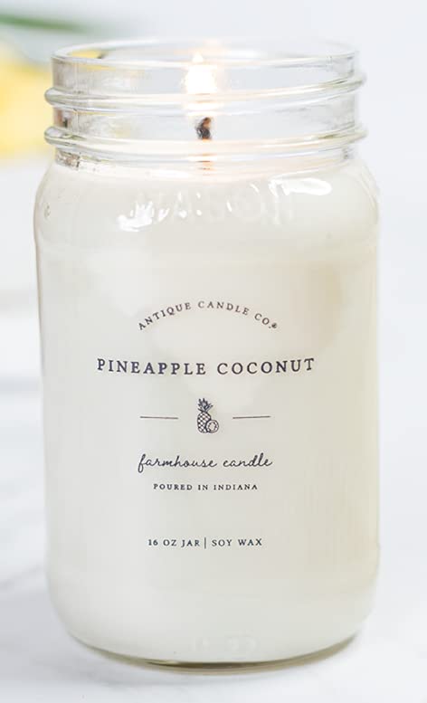 Antique Candle Co.® Pineapple Coconut 16 Ounce Soy Wax Candle, 80 Hour Burn Time, Cotton Wick, Mason Jar Candle (Pineapple Coconut)