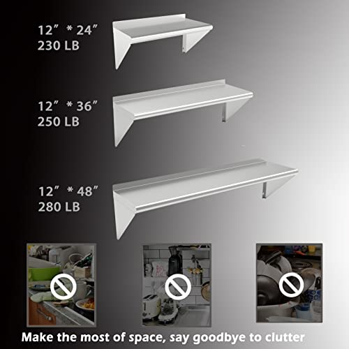 HAHAKU Wall Stainless Steel Metal Shelf 12"*48", Commercial Wall Mount Floating Shelving Heavy Duty 280 lbs for Restaurant, Bar, Utility Room, Kitchen and Garag