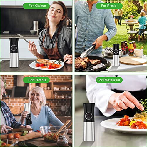 Qoosea Gravity Salt and Pepper Grinder Set, 2 Pack Electric Pepper Grinder Set with LED Light, Stainless Steel Automatic Pepper Grinder Mill Battery Powered, Adjustable Coarseness, One Hand Operated
