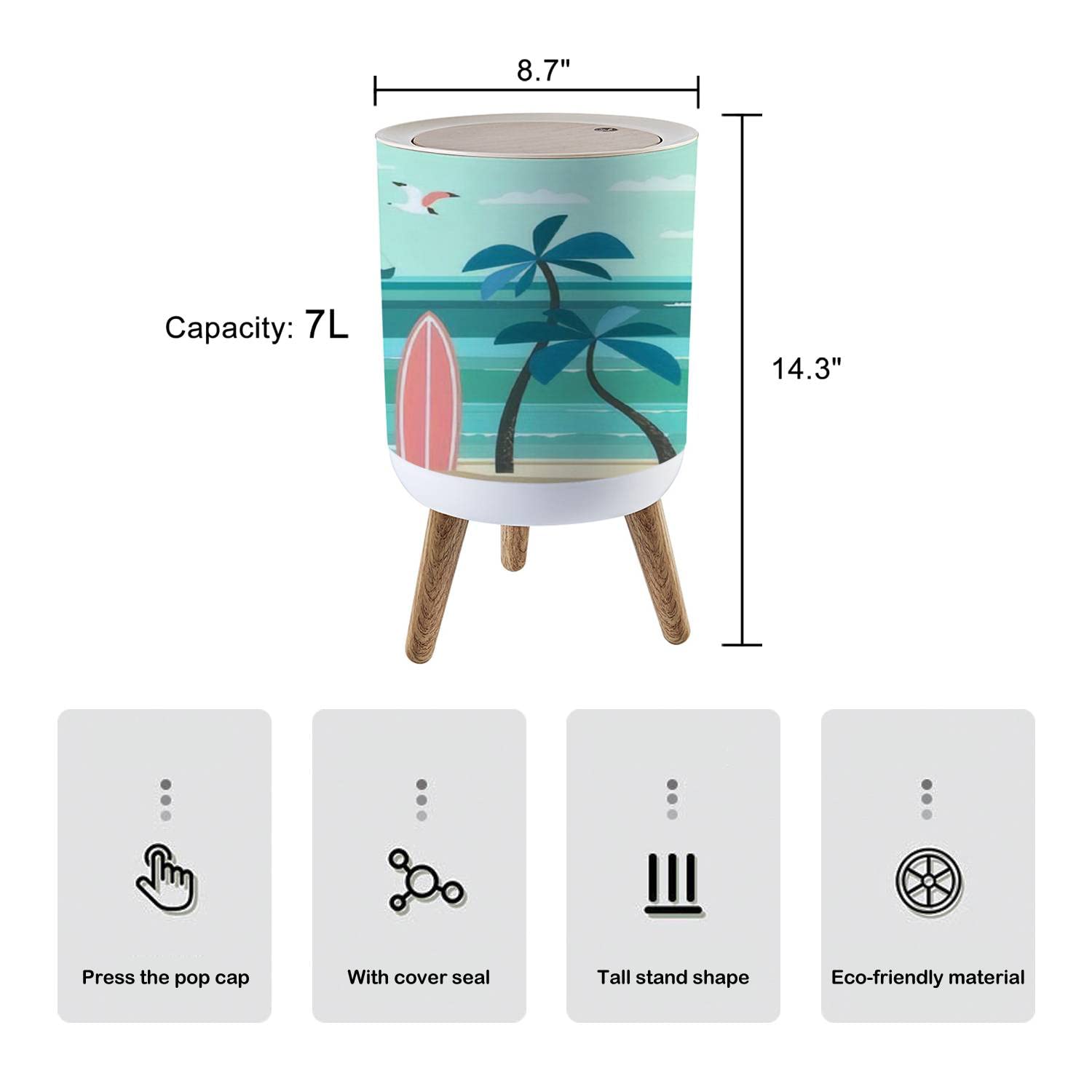 Small Trash Can with Lid Nostalgic Tropical Nature Vacation poster Vintage holiday print rest 7 Liter Garbage Can Elasticity Press Cover Lid for Kitchen Bathroom Office Fashion Paper Basket 1.8 Gallon