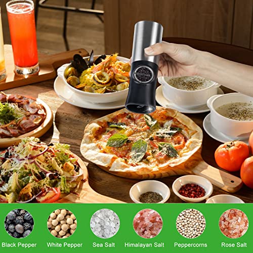 Qoosea Gravity Salt and Pepper Grinder Set, 2 Pack Electric Pepper Grinder Set with LED Light, Stainless Steel Automatic Pepper Grinder Mill Battery Powered, Adjustable Coarseness, One Hand Operated