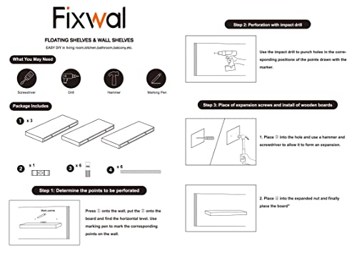 Fixwal Floating Shelves Black, Set of 3 Wall Shelves with Invisible Brackets for Bedroom, Bathroom, Living Room, Kitchen
