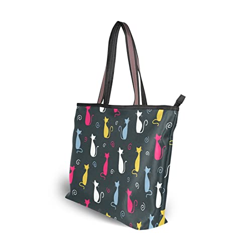 ZENWAWA Colorful Cat Silhouette Tote Bag Aesthetic, Zipper Large Capacity Women Grocery Bag Purse Shoulder Bag 2 Sizes