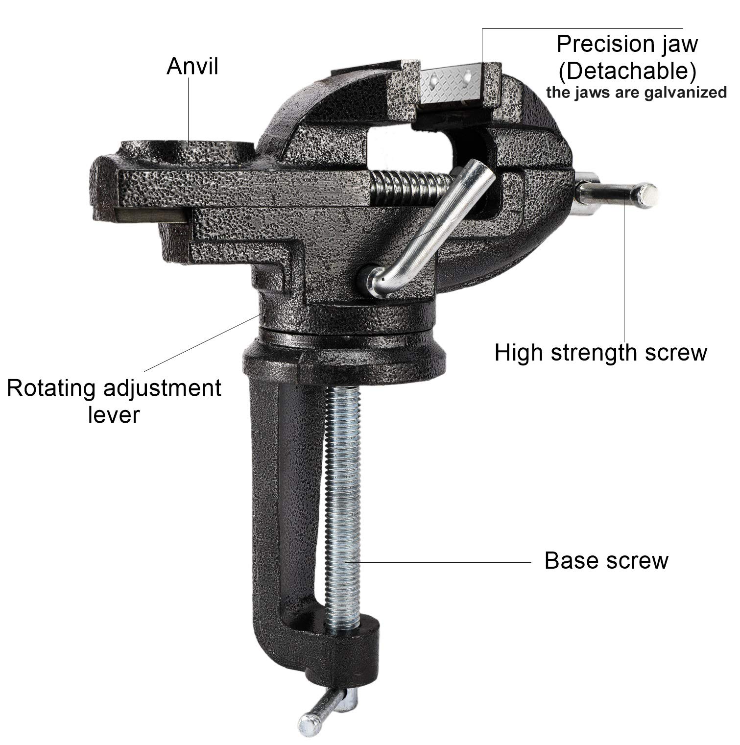 HighFree 3 Inch Small Bench Vise, Home Table Vise, Clamp-On Vise 360 Degrees Rotating Universal Clamp Units Vise for Workbench (Black)