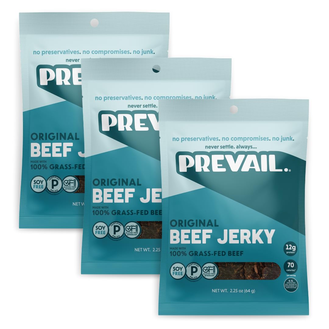 PREVAIL Original Grass-Fed Beef Jerky | Soy Free | 100% Grass-Fed | Gluten Free Snacks | High Protein Snacks | Free of Preservatives | No GMO's | Pack of (3) Bags | 2.25oz