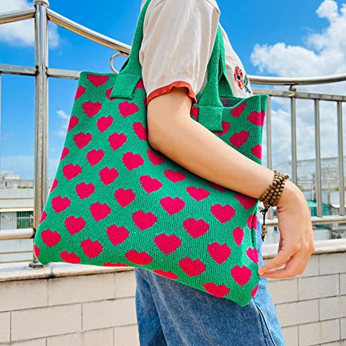 Women Casual Hobo Bag Crochet Tote Bag Aesthetics Love Pattern Shoulder Handbags Y2K Trendy Knitted Bag (Black and white)