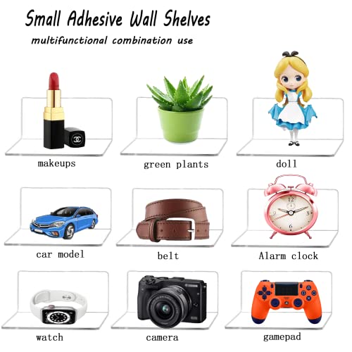 Acrylic Floating Wall Shelves Set of 2,Clear Mounted Display Organizer Shelf,Adhesive Shelf for Figures Collection Plant Photo,Small Hanging in Bedroom Living Room Kitchen Office, 8.6x3.9x2.3in