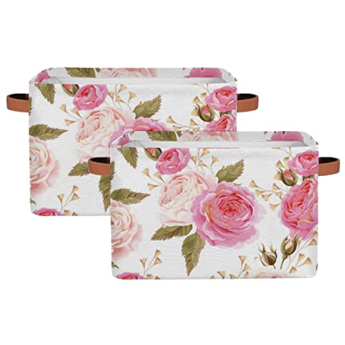 Pardick 2Pack Floral Flower Rose Large Collapsible Storage Bins,Pink Roses Decorative Canvas Fabric Storage Boxes Organizer with Handles,Rectangular Shelves Baskets Box for Home Office Nursery Closet