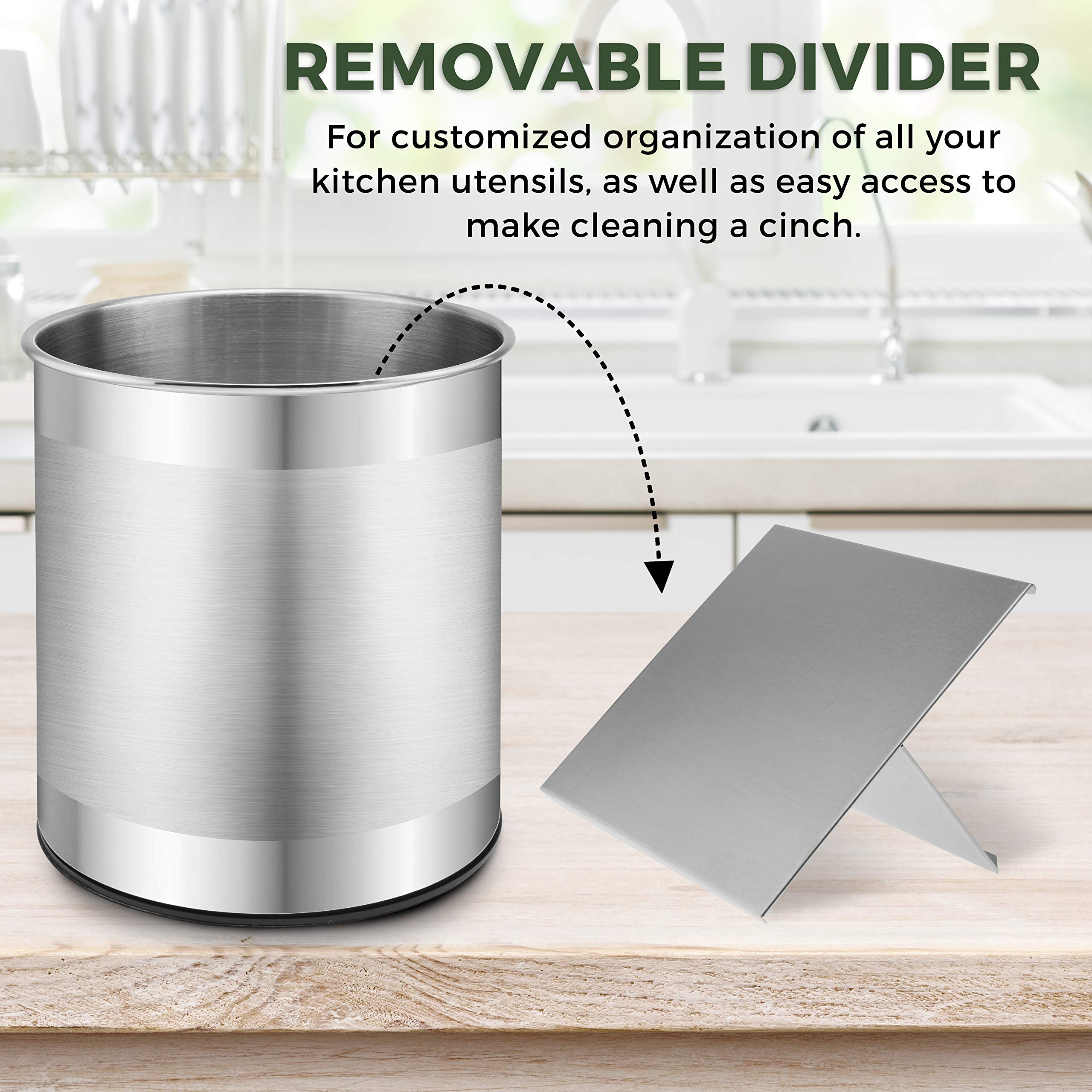 Bartnelli Extra Large Stainless Steel Kitchen Utensil Holder - 360° Rotating Utensil Caddy - Weighted Base for Stability - Countertop Organizer Crock With Removable Divider (Brushed Stainless Steel)
