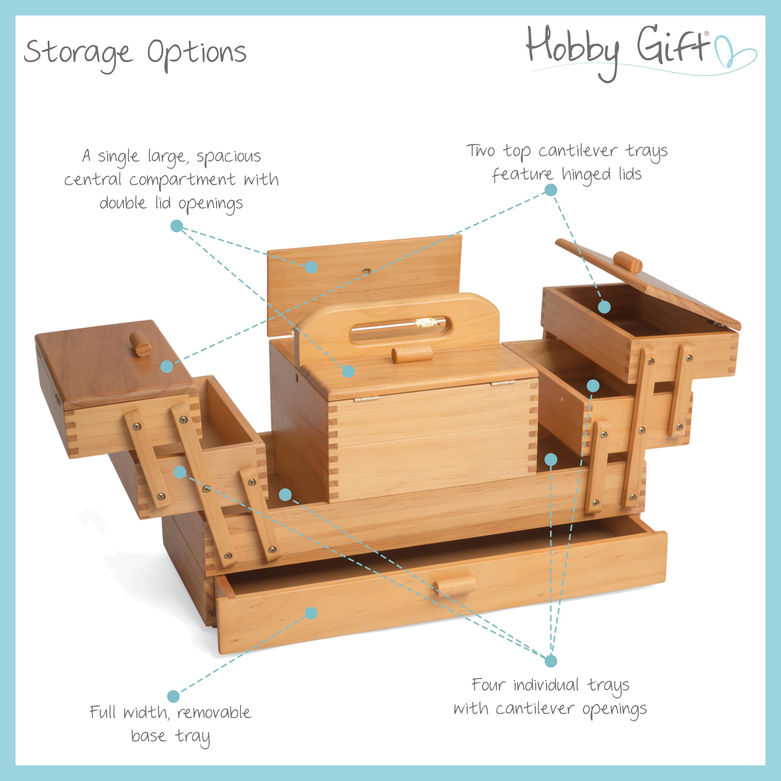 Hobby Gift Wooden Cantilever Sewing Crafting Hobby Storage Box, Wood, Assorted, 23.5 x 45 x 32 cm