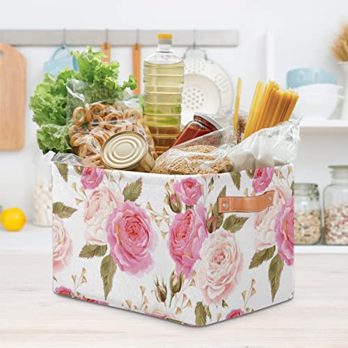 Pardick 2Pack Floral Flower Rose Large Collapsible Storage Bins,Pink Roses Decorative Canvas Fabric Storage Boxes Organizer with Handles,Rectangular Shelves Baskets Box for Home Office Nursery Closet