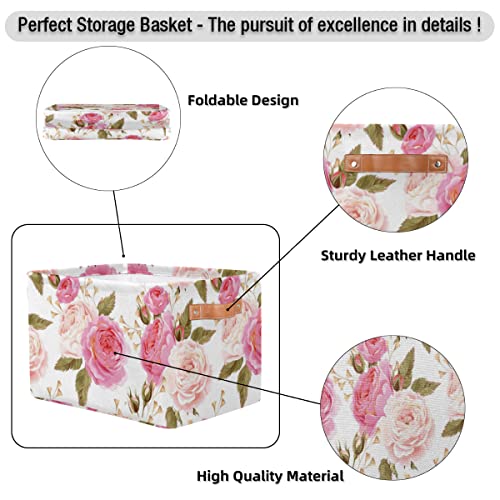 Pardick 2Pack Floral Flower Rose Large Collapsible Storage Bins,Pink Roses Decorative Canvas Fabric Storage Boxes Organizer with Handles,Rectangular Shelves Baskets Box for Home Office Nursery Closet
