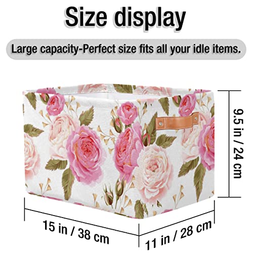 Pardick 2Pack Floral Flower Rose Large Collapsible Storage Bins,Pink Roses Decorative Canvas Fabric Storage Boxes Organizer with Handles,Rectangular Shelves Baskets Box for Home Office Nursery Closet