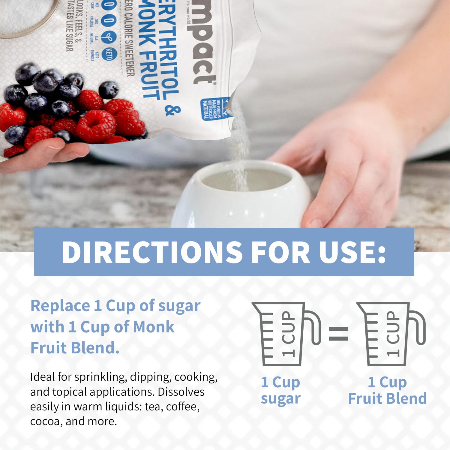 Impact White Monk Fruit & Erythritol Sweetener Blend - Gluten Free, Zero Calories, Net Carbs, Keto, Vegan, Non-GMO - 1 is to 1 Sugar Substitute - 1lb