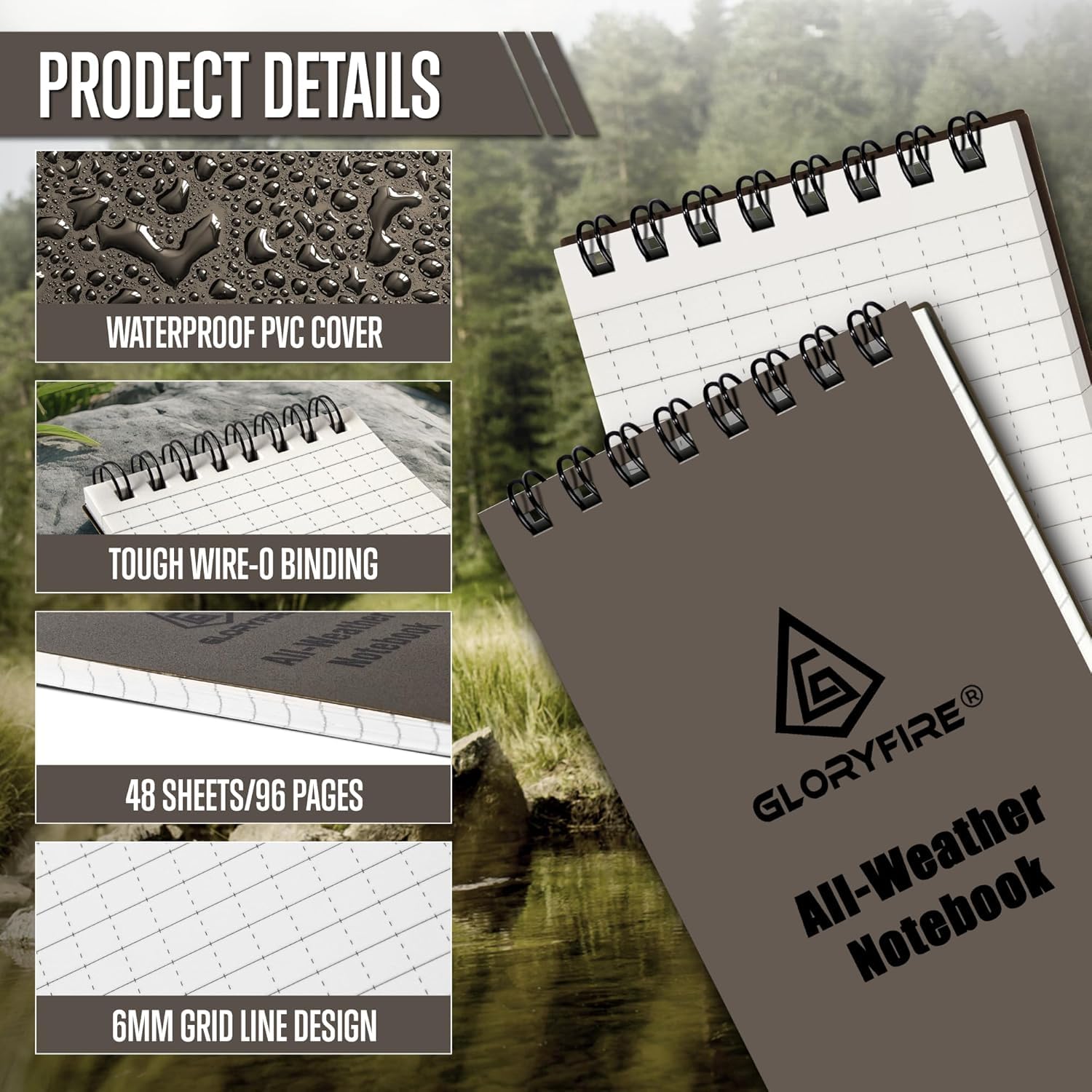 GLORYFIRE Waterproof Notebook Tactical All-Weather Spiral Memo Paper Notepad with Waterproof Grid Paper for Outdoor Activities Recording 3"x5" (5pcs)