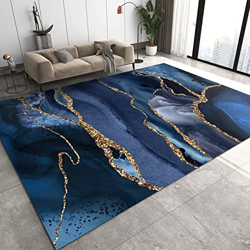 QINYUN Art Abstract Area Rug, Blue Marble Deep Gold Indoor Rug, Decorative Rug Non-Slip Soft Machine Washable, for Apartment Living Room Bedroom Dining Room-5ft×8ft
