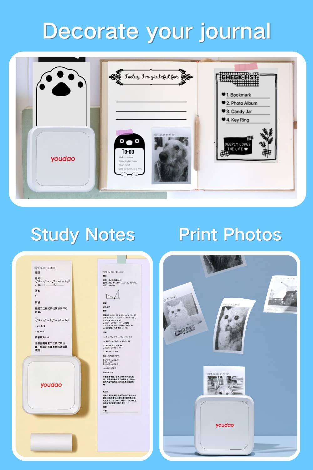 YOUDAO Pocket Printer | Portable Mini Bluetooth Thermal Printer | Photo Printer, Sticker Maker, Cute Notes Printer Compatible with iOS & Android | Journaling, Scrapbooking, Note Taking, Gifts, More