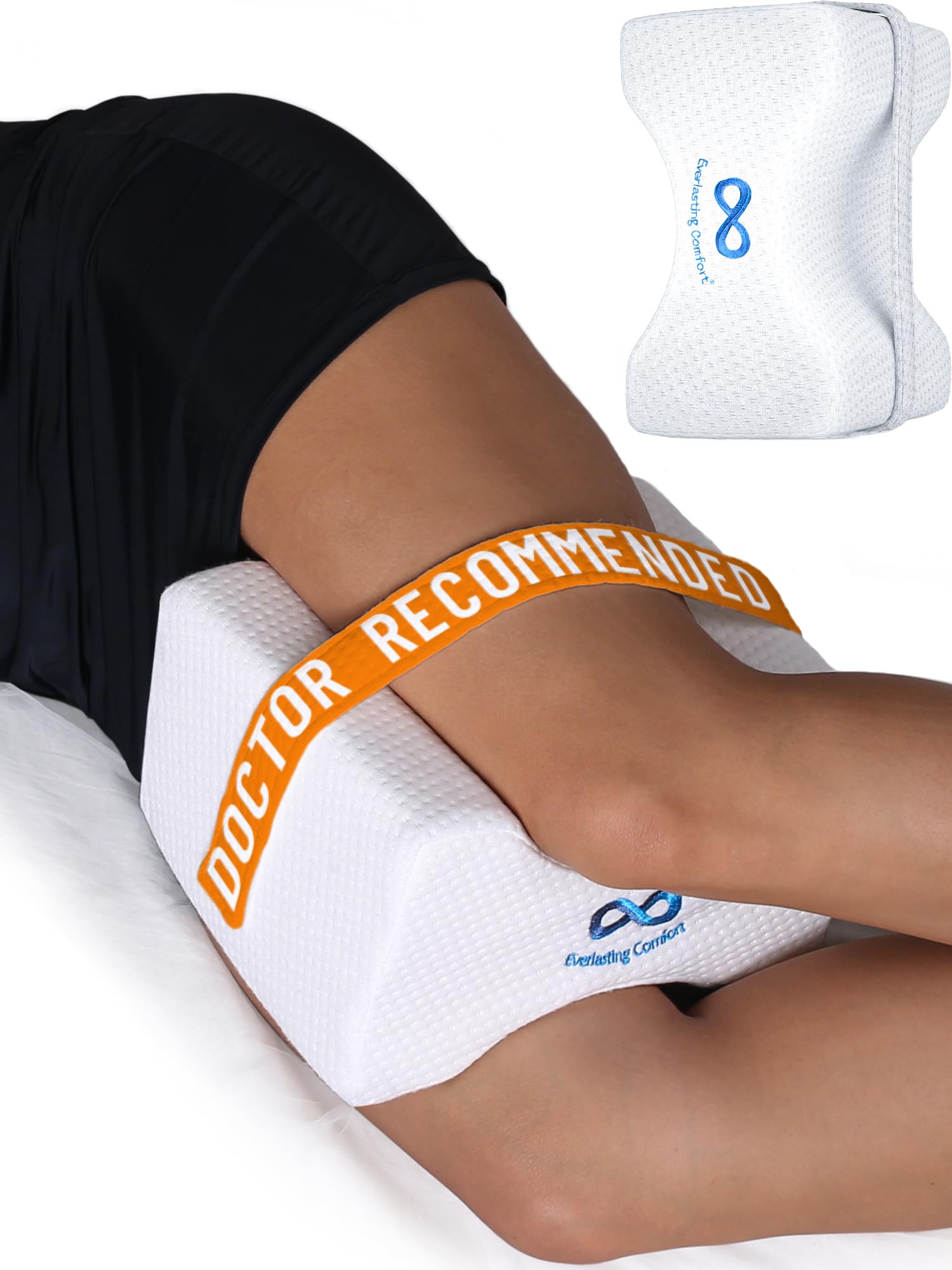 Everlasting Comfort Knee Pillow for Side Sleepers - Contour Knee Wedge Pillow for Between Legs Aligns Spine & Relieves Pressure - Leg Pillow for Sleeping w/ Strap for Back Pain, Hip Pain, Knee Pain