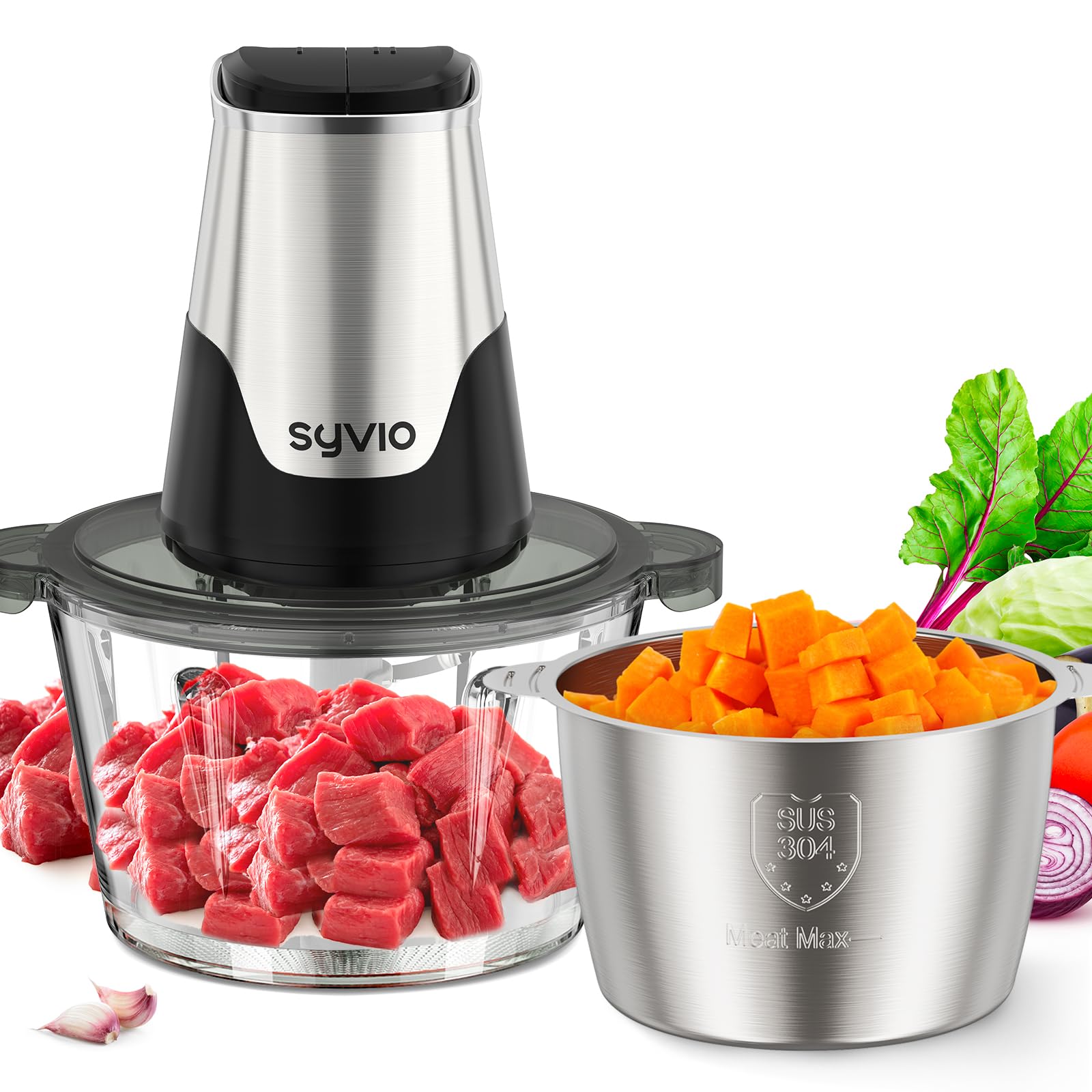 Syvio Food Processors with 2 Bowls, Meat Grinder 4 Bi-Level Blades, Mini Electric Food Chopper 400W, for Baby Food, Meat, Onion, Vegetables, 2 Speed, 8 Cup and 5 Cup