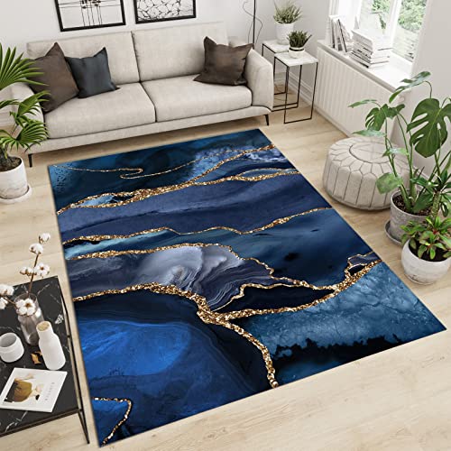 QINYUN Art Abstract Area Rug, Blue Marble Deep Gold Indoor Rug, Decorative Rug Non-Slip Soft Machine Washable, for Apartment Living Room Bedroom Dining Room-5ft×8ft