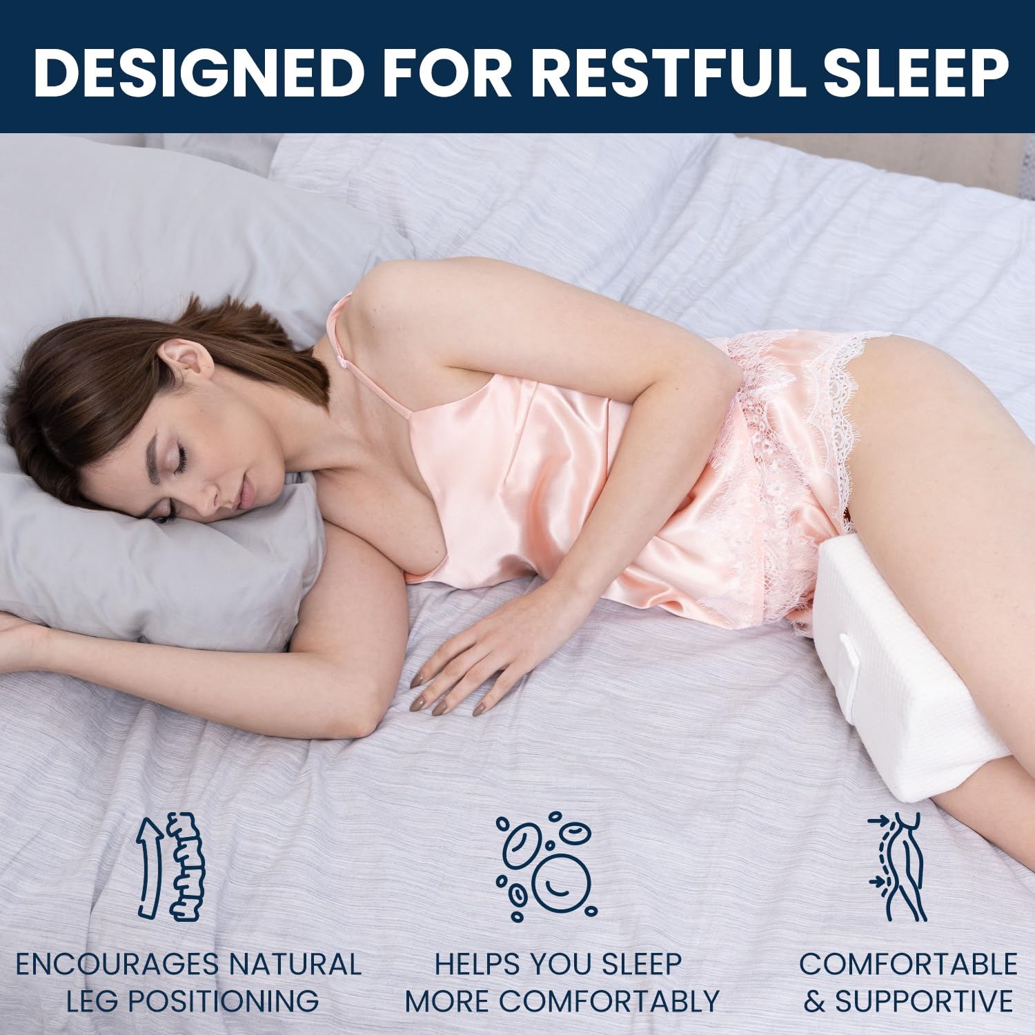 Everlasting Comfort Knee Pillow for Side Sleepers - Contour Knee Wedge Pillow for Between Legs Aligns Spine & Relieves Pressure - Leg Pillow for Sleeping w/ Strap for Back Pain, Hip Pain, Knee Pain