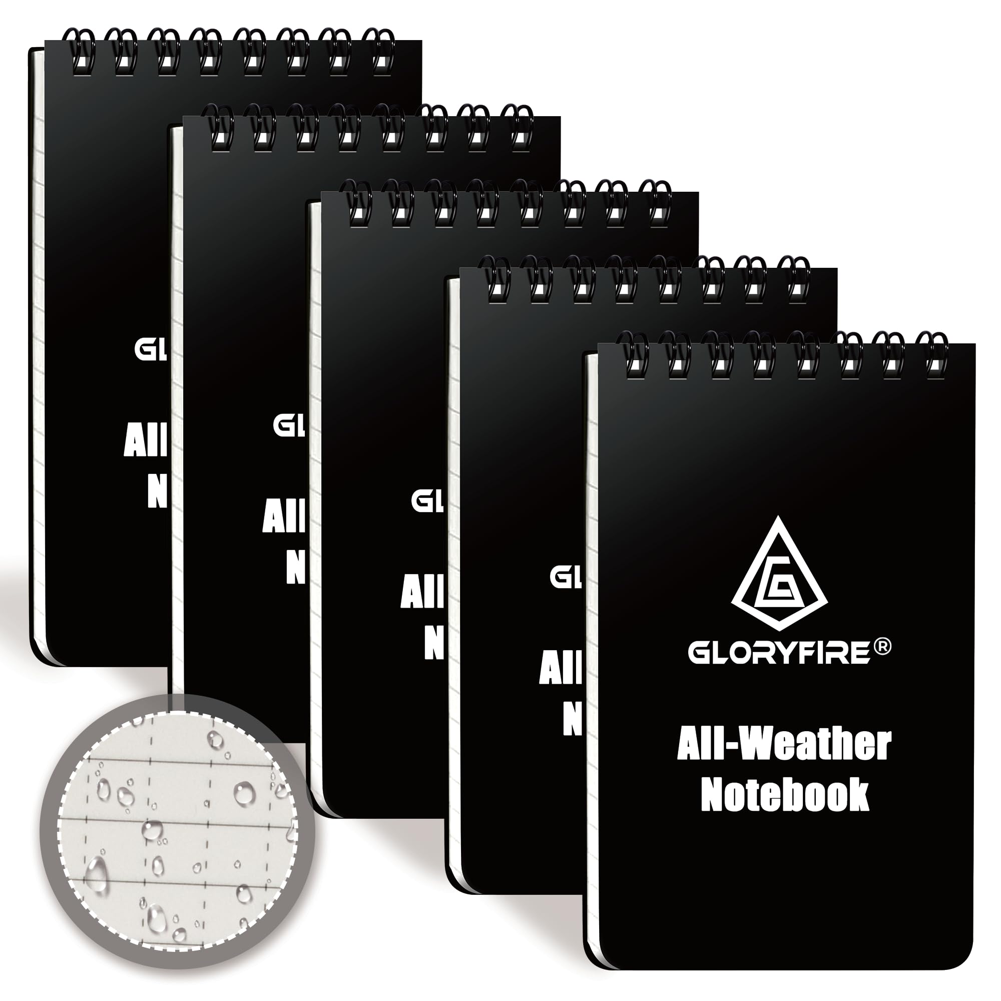 GLORYFIRE Waterproof Notebook All Weather Shower Pocket Tactical Notepad with Cover Steno Pad Memo Book (black 5pcs)