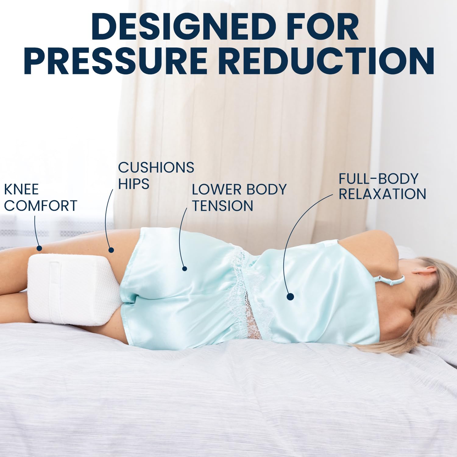 Everlasting Comfort Knee Pillow for Side Sleepers - Contour Knee Wedge Pillow for Between Legs Aligns Spine & Relieves Pressure - Leg Pillow for Sleeping w/ Strap for Back Pain, Hip Pain, Knee Pain