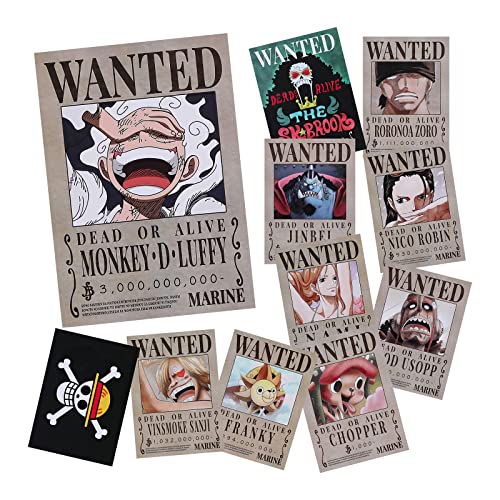 CNMLGB 11 PCS Nika Luffy 3 billion Wanted Bounty Paper Poster 10 Straw Hat Pirates Crew Zoro Sanji Nami Usopp Chopper Robin Franky Brook Jinbei 1 PC Flag (11×8 in)