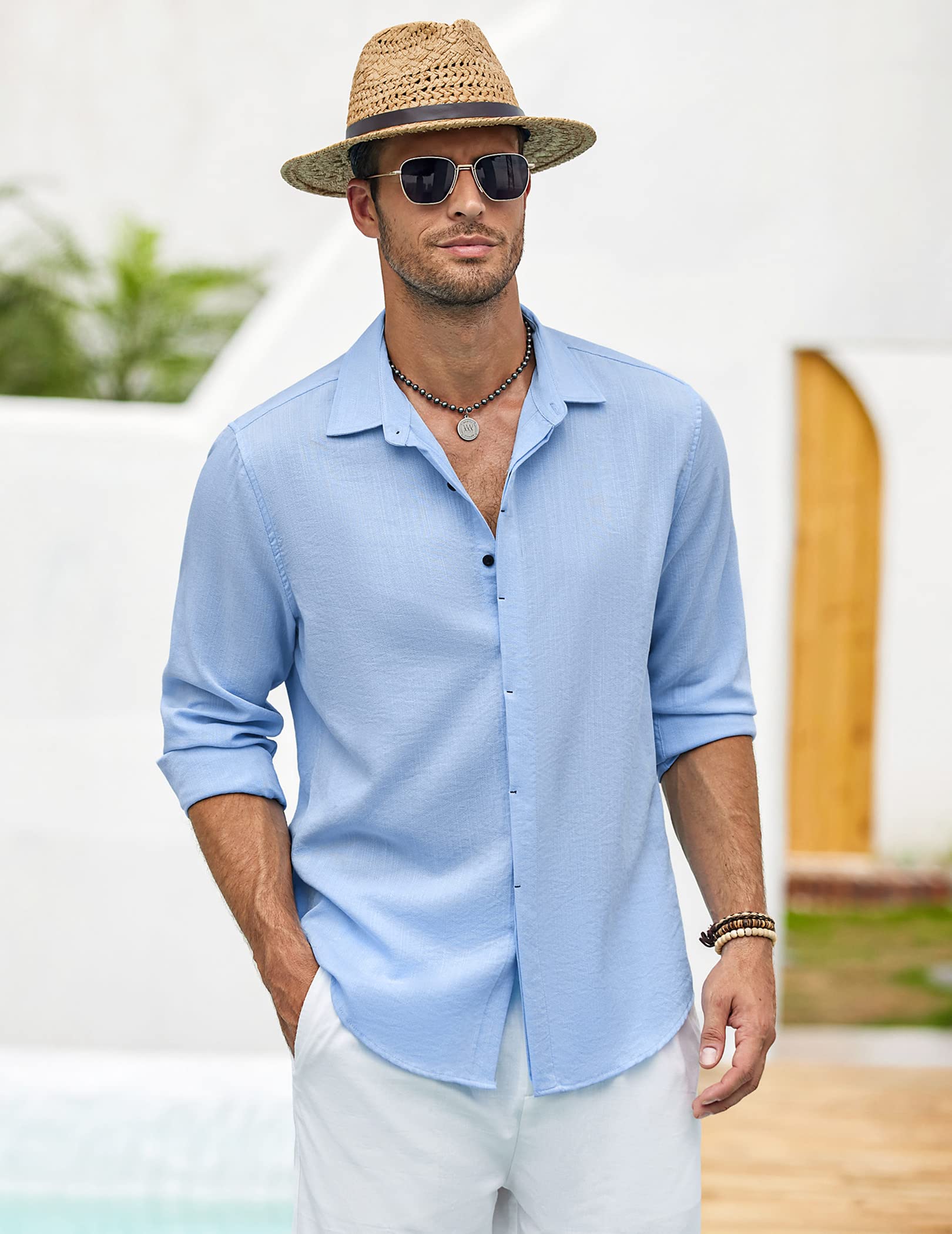 COOFANDY Men's Summer Beach Vacation Shirt Long Sleeve Shirt Business Work Shirts Clear Blue