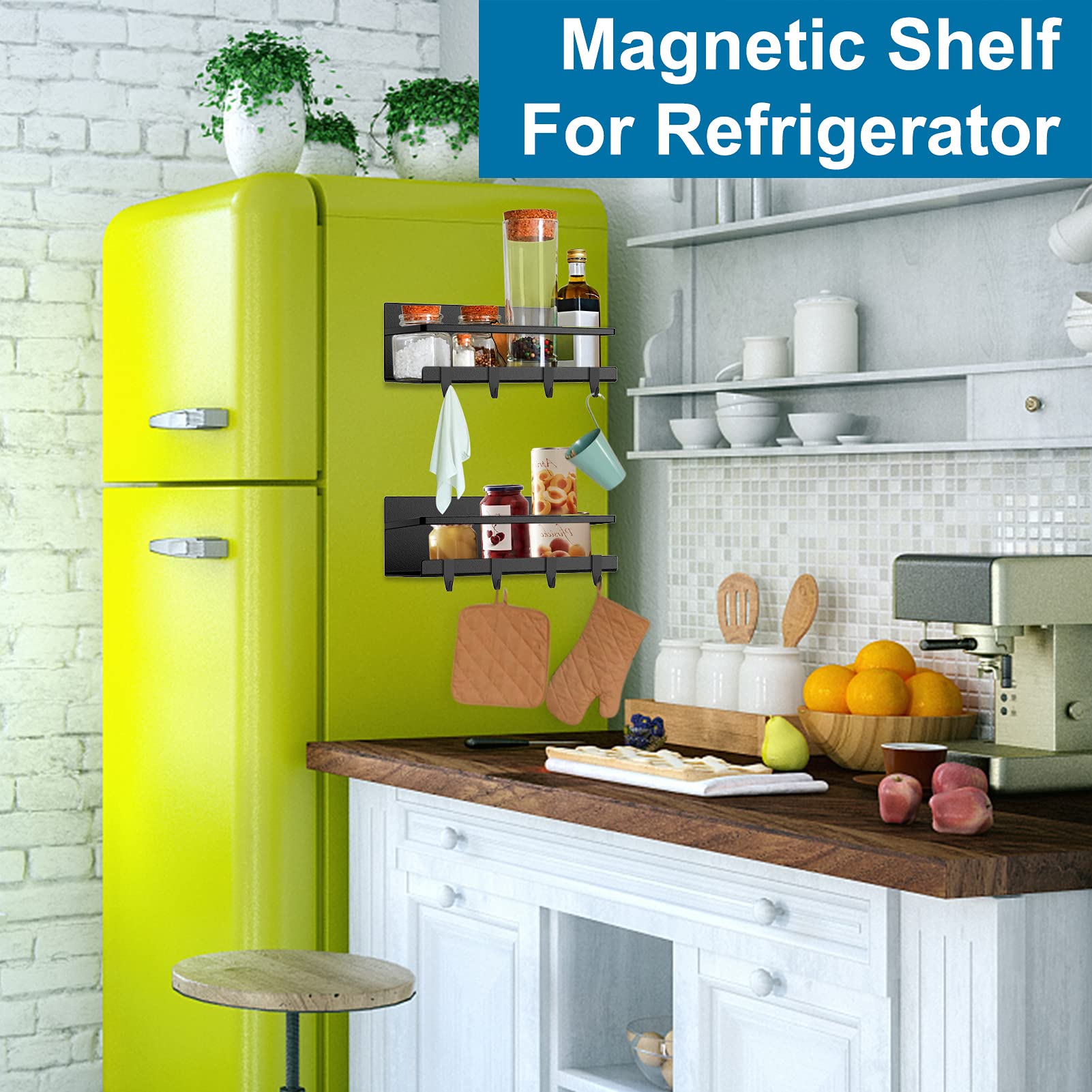 Arinster 2 Pack Magnetic Spice Rack Organizer - Single Tier Magnetic Spice Rack for Refrigerator with 8 Removable Hooks, Strong Magnetic Shelf for Kitchen,Metal Cabinet (Black)