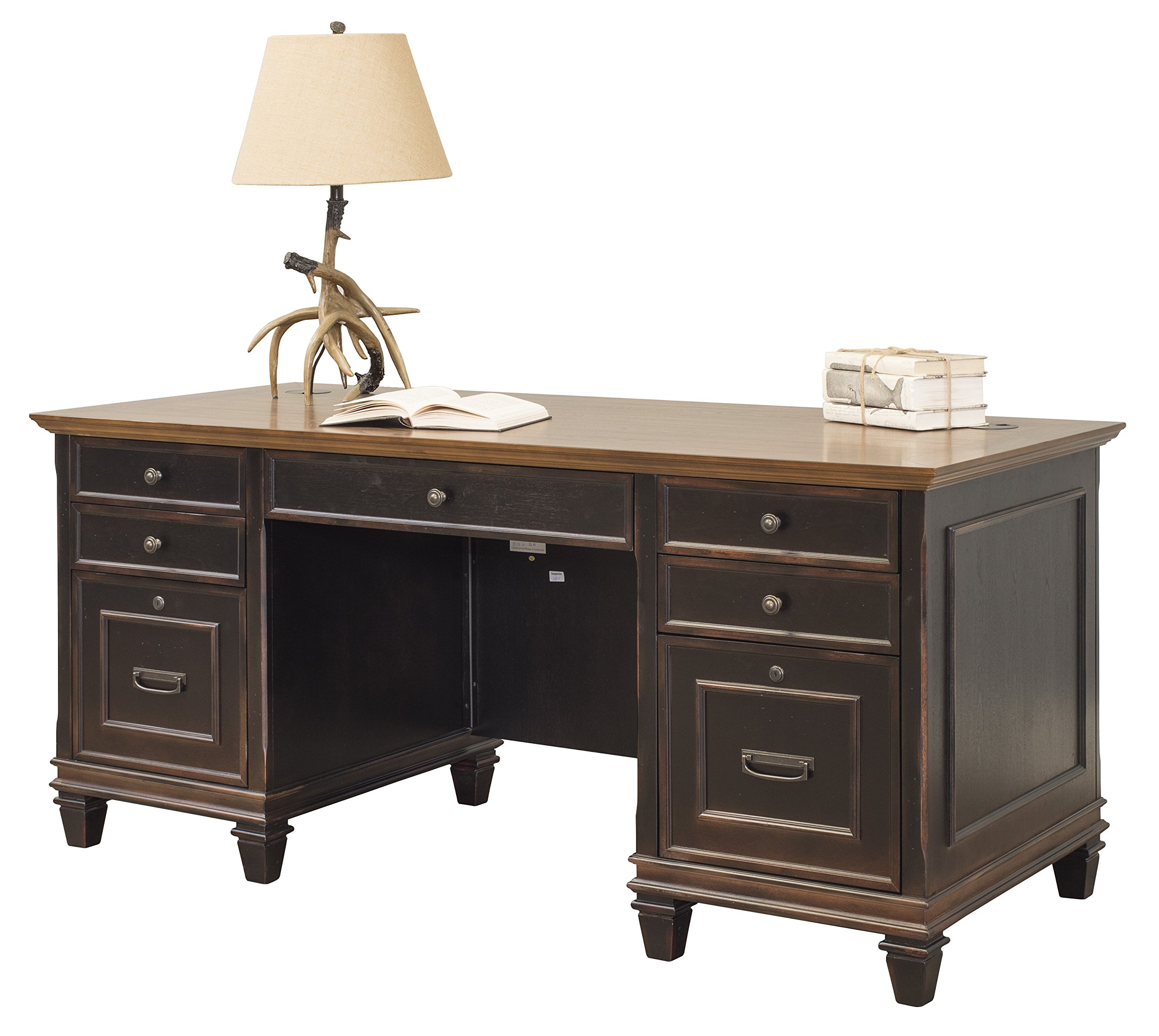 Martin Furniture Hartford Double Pedestal Shaped Desk, Brown - Fully Assembled & Hartford Lateral File Cabinet, Brown - Fully Assembled