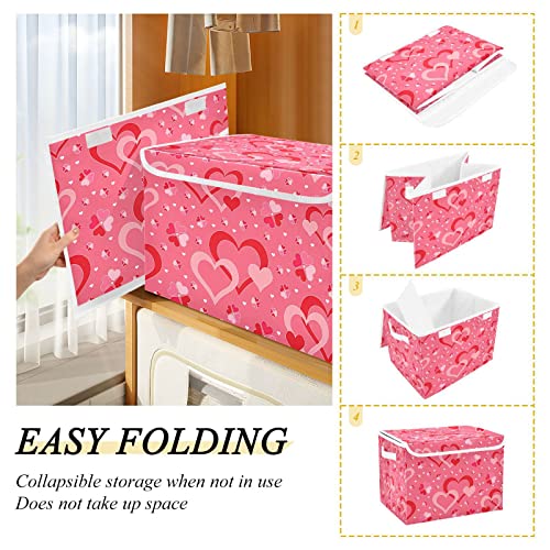 Romantic Hearts Large Storage Bins with Lid Collapsible Storage Bin Storage Basket Foldable Fabric Storage Boxes for Home Office