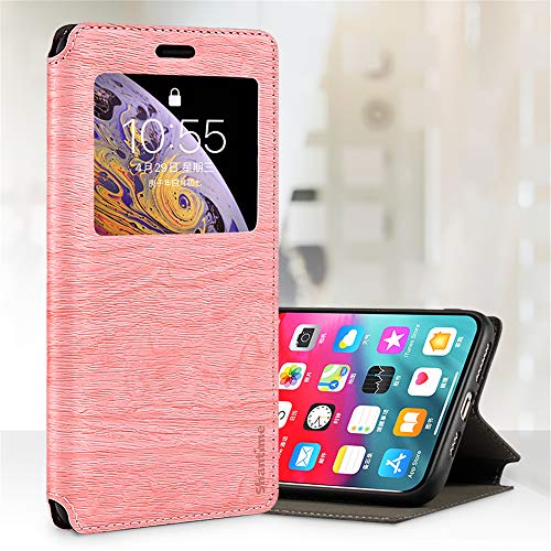for Gigaset GS195 Case, Wood Grain Leather Case with Card Holder and Window, Magnetic Flip Cover for Gigaset GS195 (6.18”)