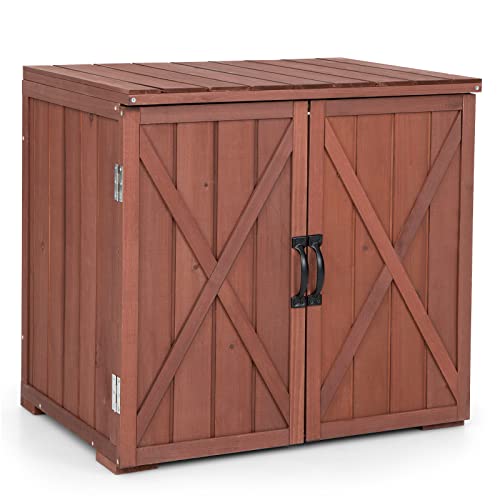 Safstar 30" Wooden Outdoor Storage Shed, Garden Storage Organizer Box W/ Spacious Inner Space & Countertop, Tool Storage Cabinet for Backyard, Garden, Porch, Easy Assembly, 30" x 22" x 28.5" (Brown)