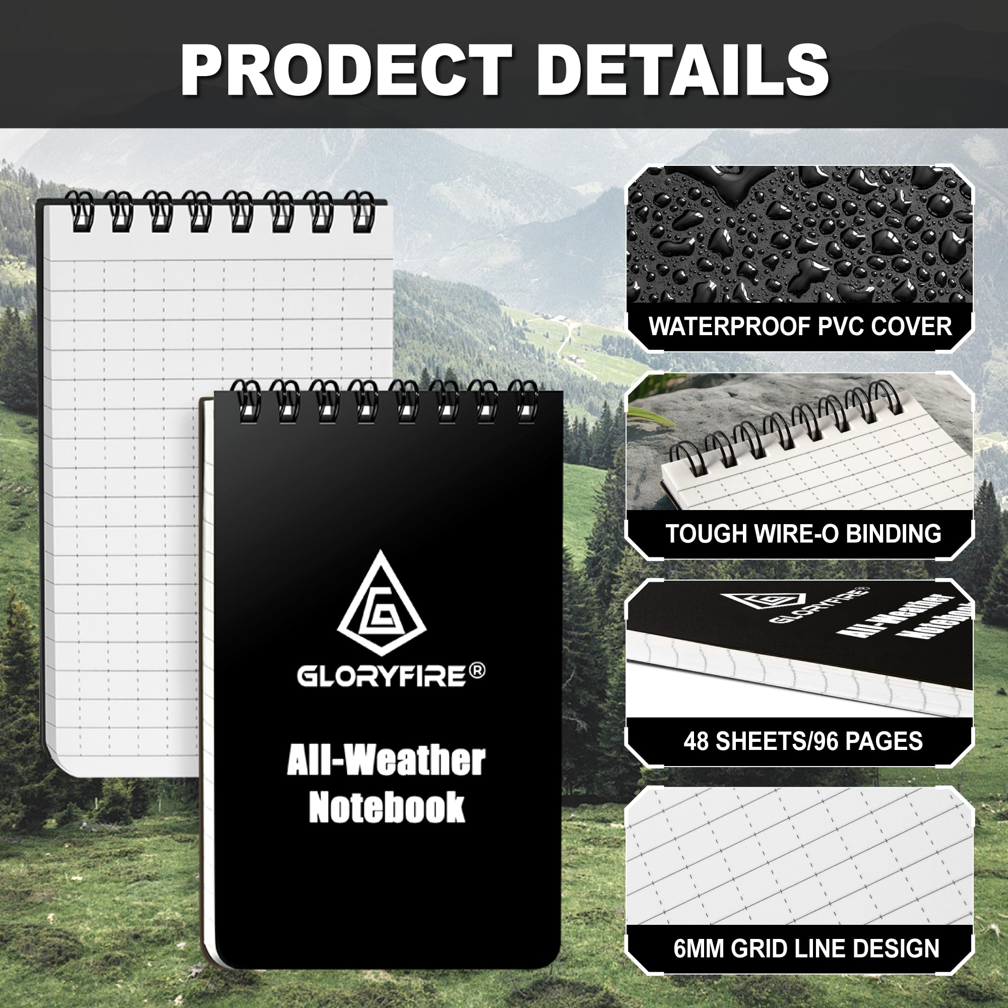 GLORYFIRE Waterproof Notebook All Weather Shower Pocket Tactical Notepad with Cover Steno Pad Memo Book (black 5pcs)