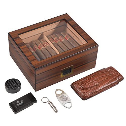 CIGAIOL Handcraft Cigar Kits with Cutter and Lighter, Luxurious Humidor Cigar Box Hold 30-50 Cigars 100% Cedar Wood Case with Digital Cigar Hygrometer/Travel humidor (No Cigars, no Batteries, no Gas)
