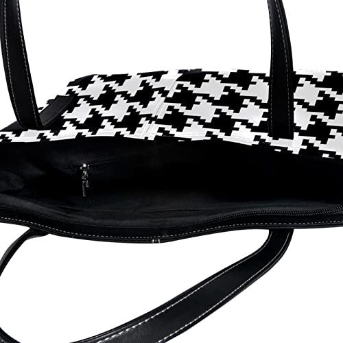 RODAILYCAY Leather Handbag for Women Large Capacity Top Handle Satchel Bucket Purses Shoulder Bag Black White Houndstooth Plaid Pattern