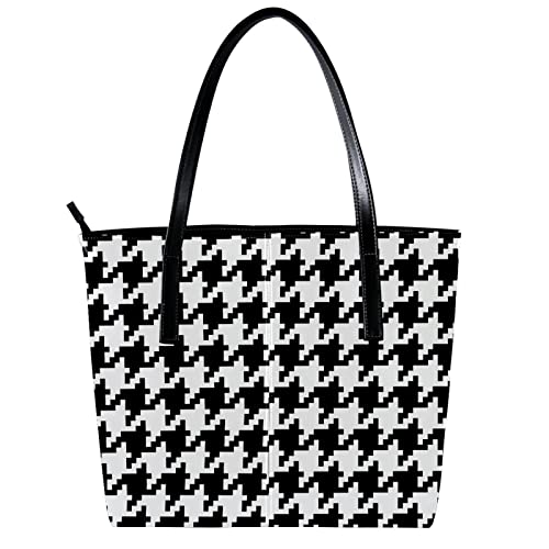 RODAILYCAY Leather Handbag for Women Large Capacity Top Handle Satchel Bucket Purses Shoulder Bag Black White Houndstooth Plaid Pattern