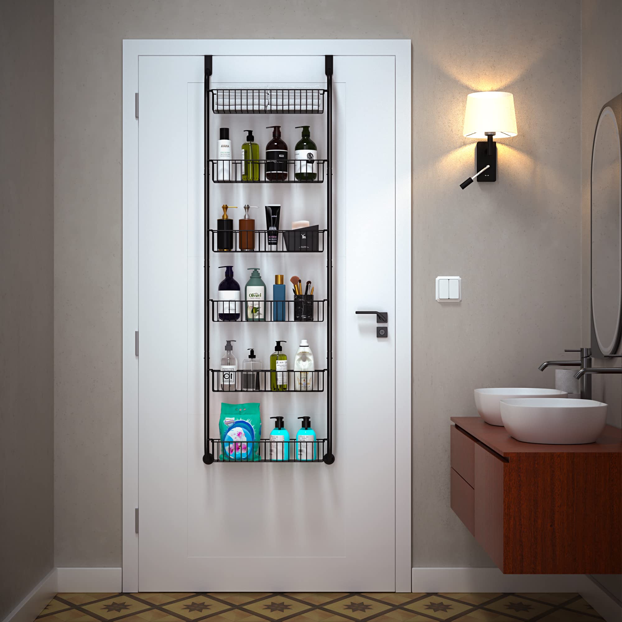 OTTOLIVES 6-Tier Over the Door Pantry Organizer Rack, Door Shelf Organizer with 6 Full Baskets, Heavy-Duty Metal Hanging Storage Door Spice Rack - Storage, Closet, Bathroom, Kitchen