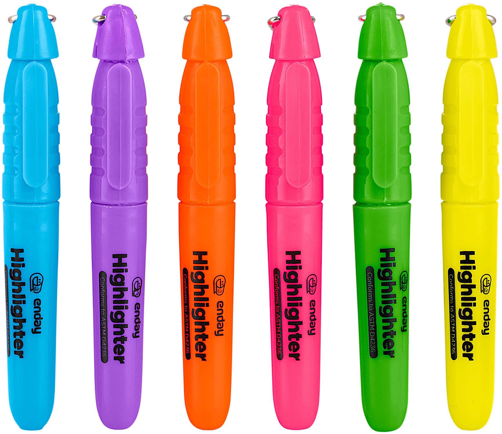 Highlighter Assorted Colors, Mini Colored Highlighters Chisel Tip, Cap with Clip & Keychain Ring, Fluorescent Yellow, Green, Red, Blue, Orange, Purple – By Enday