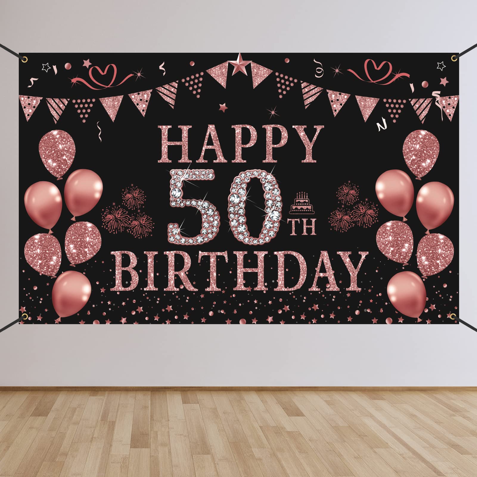 Trgowaul 50th Birthday Decorations Set: Includes Rose Gold Birthday Backdrop Banner 5.9 X 3.6 Fts, Rose Gold Back in 1973 Birthday Poster Acrylic Table Sign with Stand