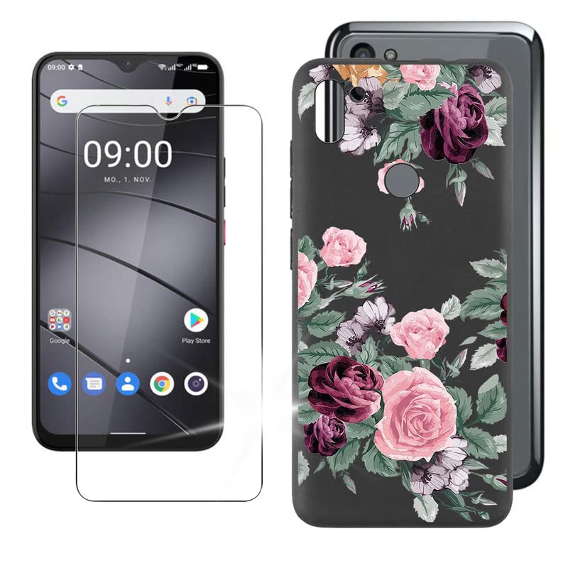 Ikiiqii Cover for Gigaset GS5 Pro (6.30") case Shell Soft Silicone TPU Black Phone Protective Cases + 9H Hardness HD Tempered Glass Screen Protector Film Protection -Pink, red Rose