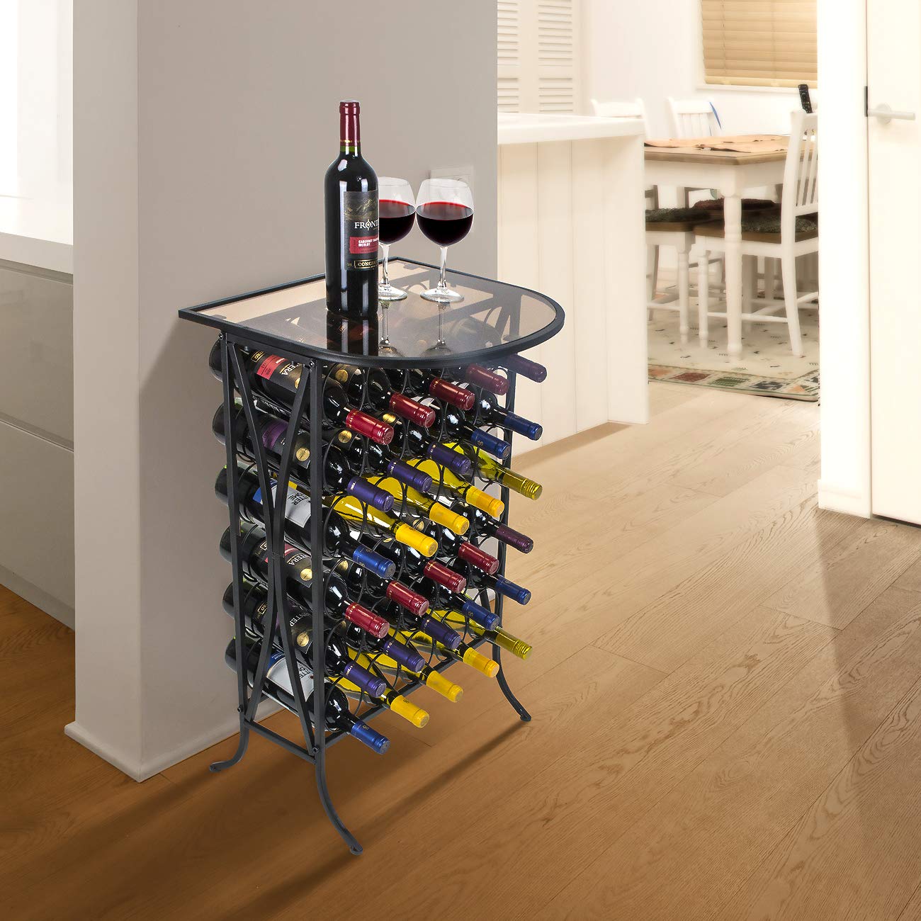 Sorbus Wine Rack Stand Bordeaux Chateau Style with Glass Table - Holds Bottles of Wine - Elegant French Style Wine Rack to Compliment Any Space - Minimal Assembly (Wine Stand - 30 Bottles)