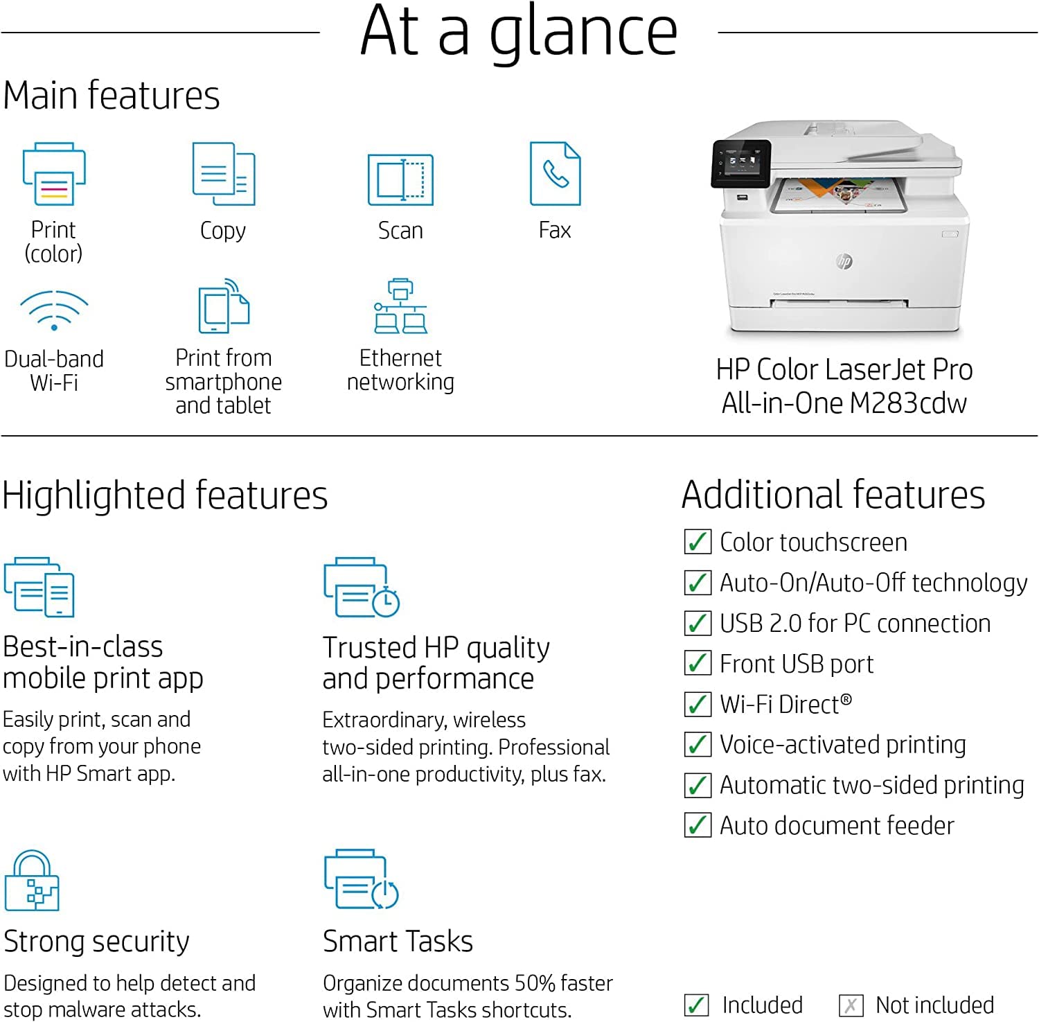 HP Laserjet Pro MFP M283cdw All-in-One Wireless Color Laser Printer, White - Print Scan Copy Fax - 22 ppm, 600 x 600 dpi, 50-Sheet ADF, Auto Duplex Printing, Ethernet, Cbmoun Printer_Cable