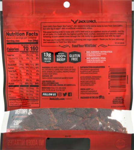 Jack Link's Beef Jerky, Zero Sugar, Paleo Friendly Snack with No Artificial Sweeteners, 13g of Protein and 70 Calories Per Serving, No Sugar Everyday Snack, 2.3 oz