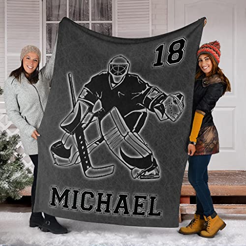 OhaPrints Custom Dark Grey Hockey Blanket Hockey Boy Player Personalized Name Number Soft Sherpa Throw Blankets Cozy Fuzzy Fleece Throws for Tv Sofa Couch Comfy Fluffy Blanket 30X40 50X60 60X80