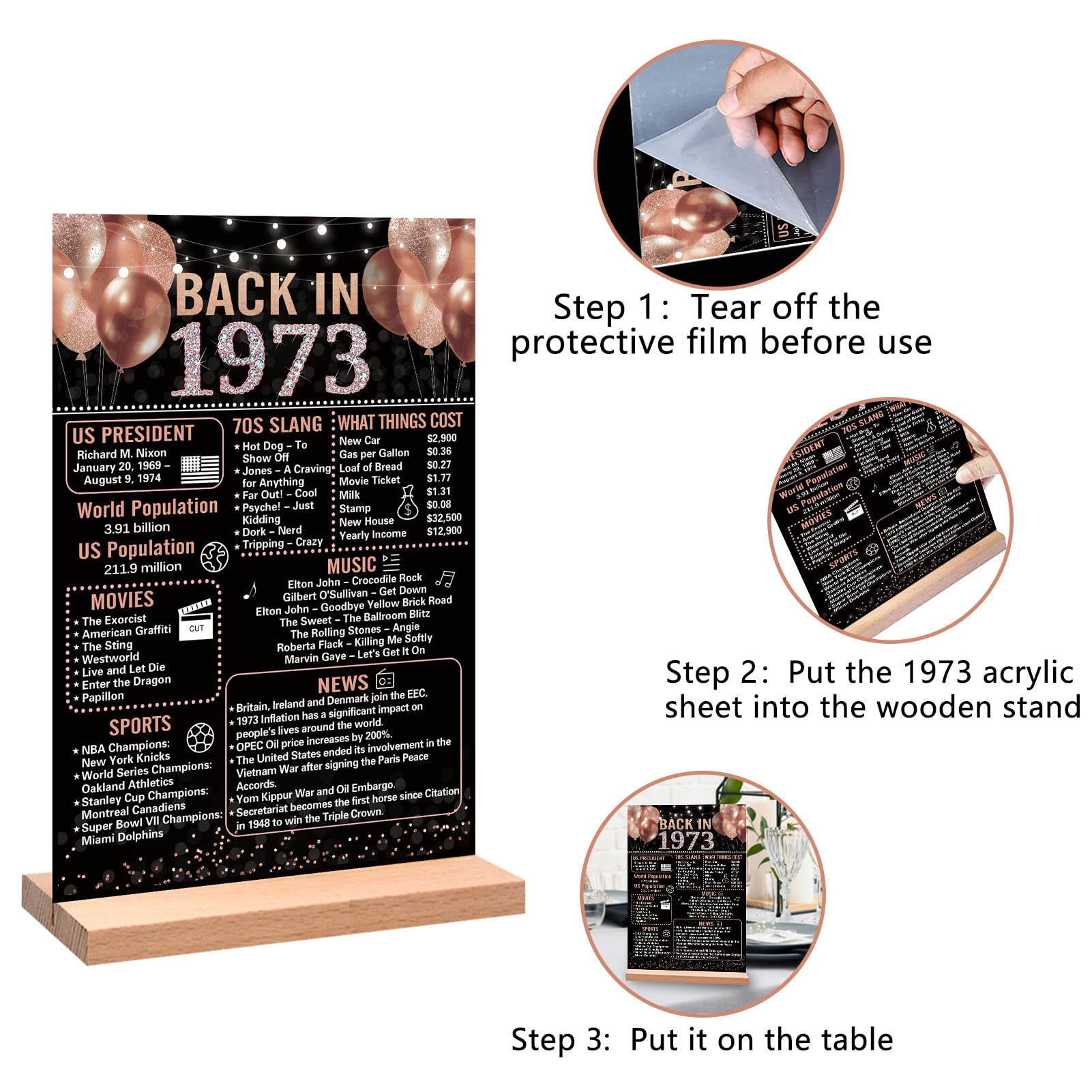 Trgowaul 50th Birthday Decorations Set: Includes Rose Gold Birthday Backdrop Banner 5.9 X 3.6 Fts, Rose Gold Back in 1973 Birthday Poster Acrylic Table Sign with Stand