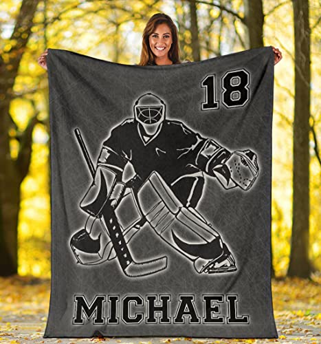 OhaPrints Custom Dark Grey Hockey Blanket Hockey Boy Player Personalized Name Number Soft Sherpa Throw Blankets Cozy Fuzzy Fleece Throws for Tv Sofa Couch Comfy Fluffy Blanket 30X40 50X60 60X80